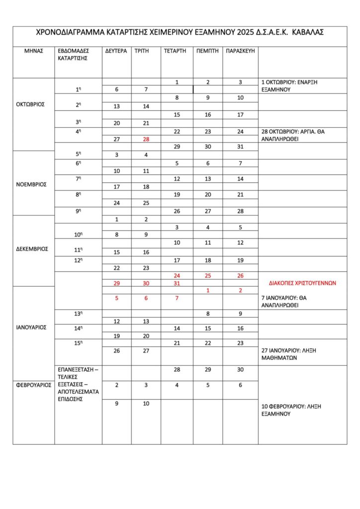 ΧΡΟΝΟΔΙΑΓΡΑΜΜΑ ΚΑΤΑΡΤΙΣΗΣ ΧΕΙΜΕΡΙΝΟΥ ΕΞΑΜΗΝΟΥ 2025Β - Δημόσια ΣΑΕΚ ΚΑΒΑΛΑΣ